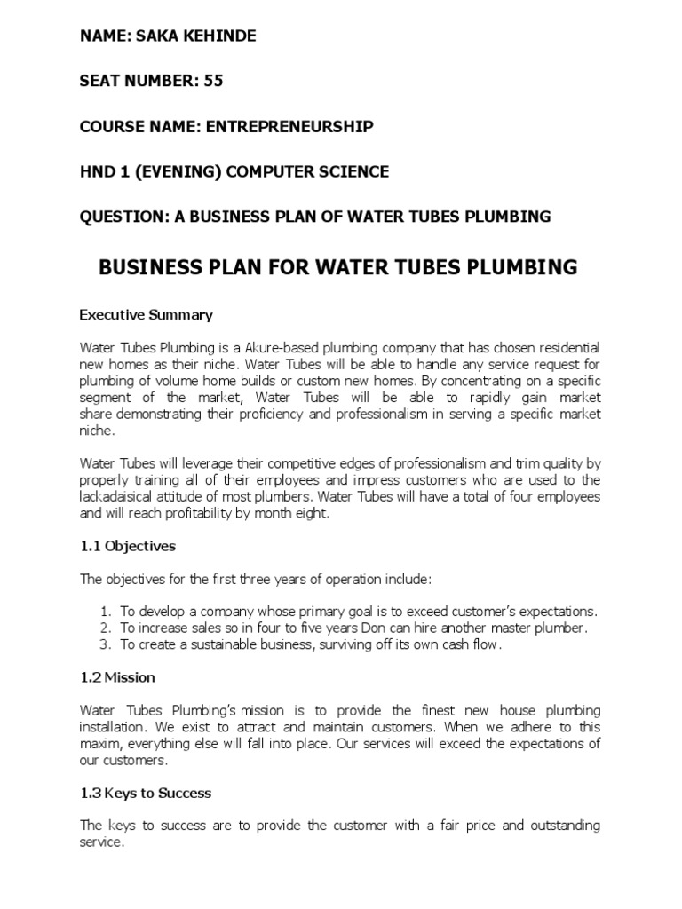 Water Plumbing Business Plan | PDF | Plumbing | Return On Equity