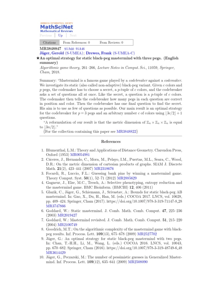 (S-Umea) (S-Umea-C) : Mr3848847 Fan Optimal Strategy For Static Black-Peg Mastermind With Three ...