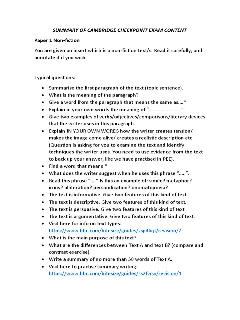 Paper 1 Non-Fiction: Summary of Cambridge Checkpoint Exam Content | PDF ...