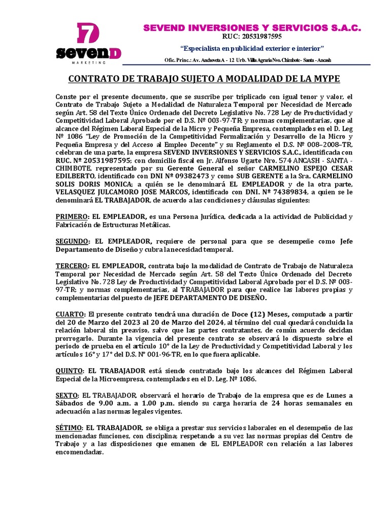 Contrato de Trabajo Sujeto A Modalidad de La Mype | PDF