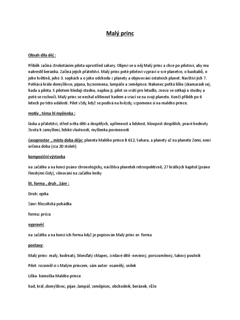 Mal Ý Princ: Obsah D Í La Děj | PDF