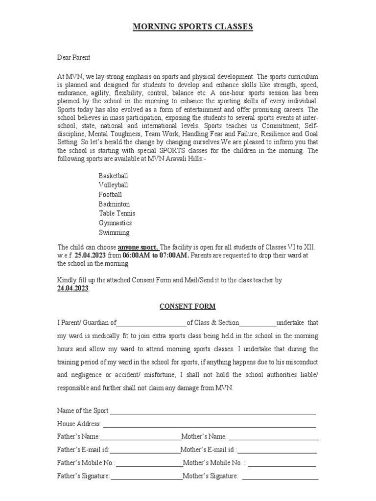 Morning Sports Classes Consent Form | PDF