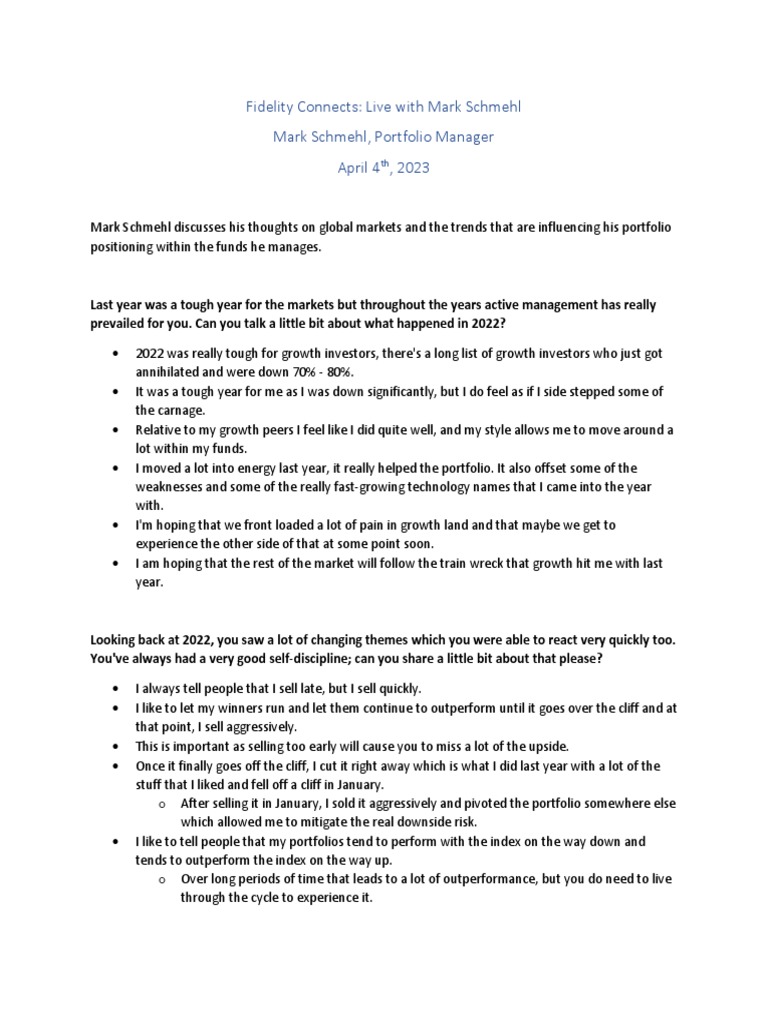 Fidelity Connects - Mark Schmehl - April 4th 2023 | PDF | Recession | Opec