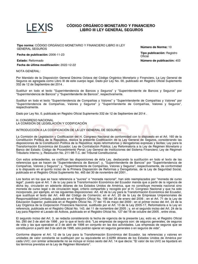 Codigo Organico Monetario y Financiero Libro Iii Ley General Seguros | PDF | Seguro | Reaseguro