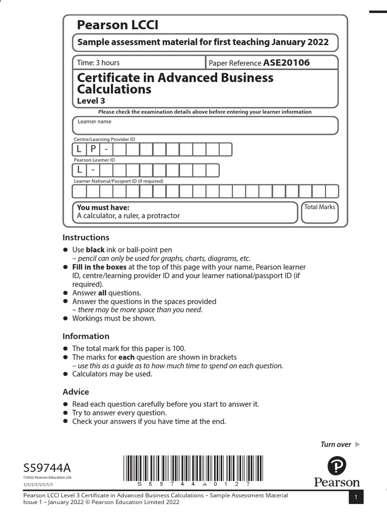 Pearson LCCI: Certificate in Advanced Business Calculations | PDF ...