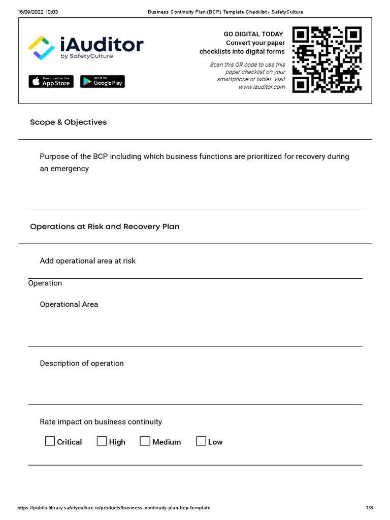 Business Continuity Plan (BCP) Template Checklist - SafetyCulture | PDF ...