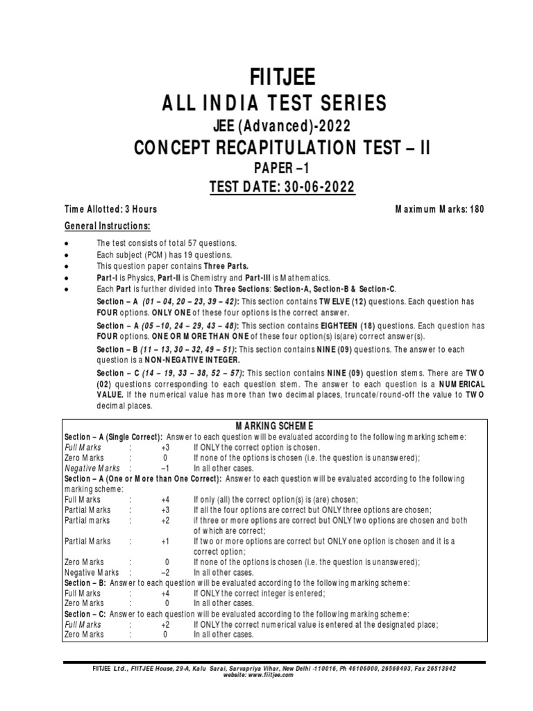 Fiitjee: All India Test Series | PDF
