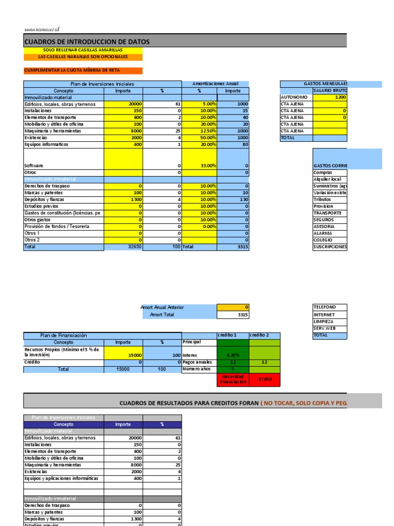 Cuadros de Introduccion de Datos: Plan de Inversiones Iniciales Inmovilizado Material | PDF ...
