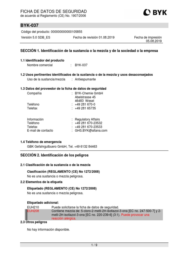 Byk 037 MSDS | PDF | Química | Ciencias fisicas