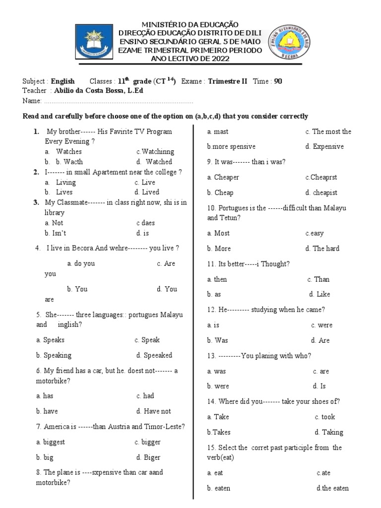 Ezame II Periodo 11 Ano (CT) 1-6 | PDF | Linguistics