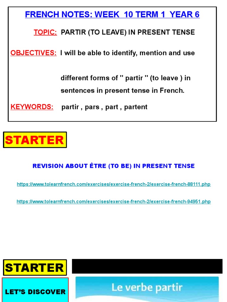 Partir (To Leave) in Present Tense, Year 6 | PDF