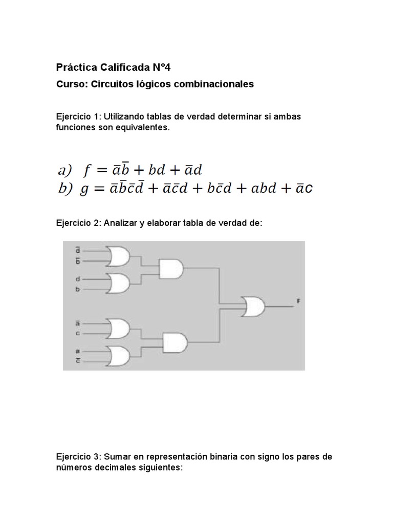 Práctica Calificada N°4: Curso: Circuitos Lógicos Combinacionales | PDF | Métodos y materiales ...