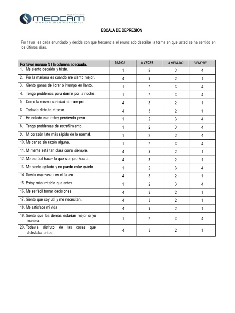 Escala de Depresion | PDF | Depresión (estado de ánimo) | Trastorno ...