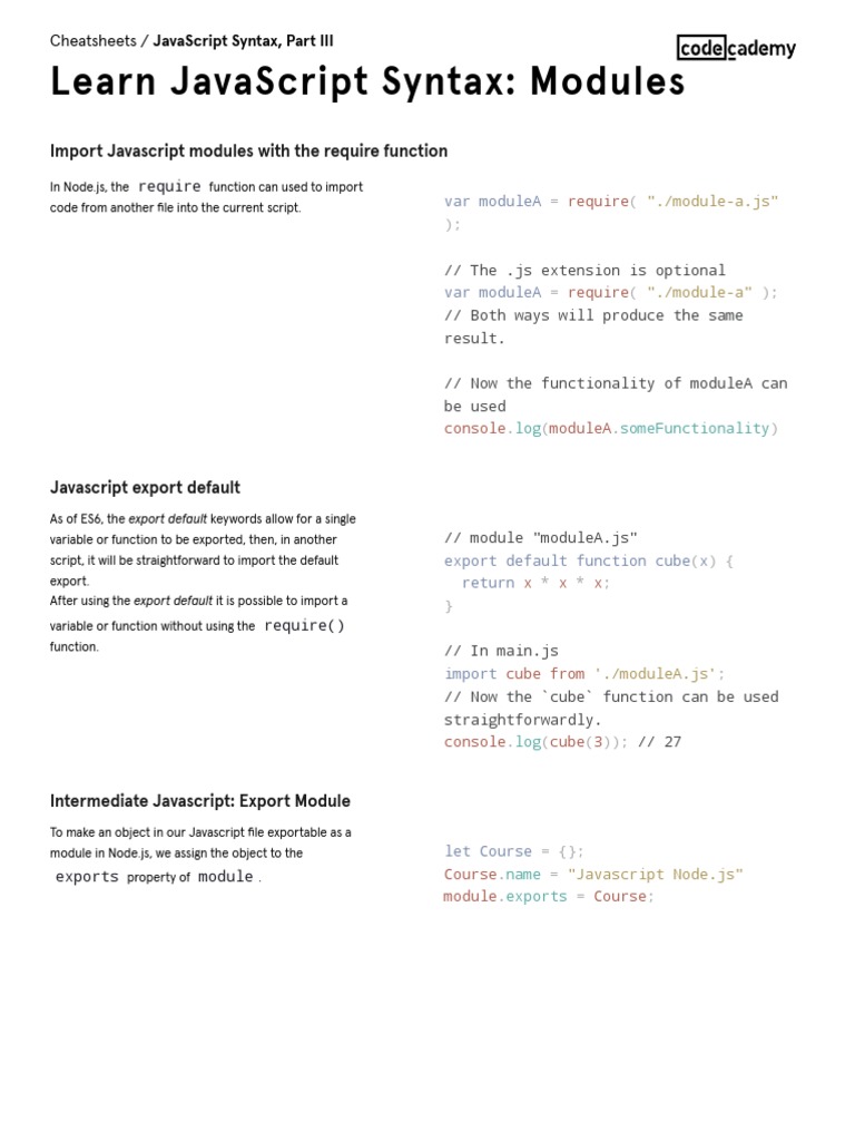 Javascript Syntax Part Iii Learn Javascript Syntax Modules Cheatsheet 2y Pdf