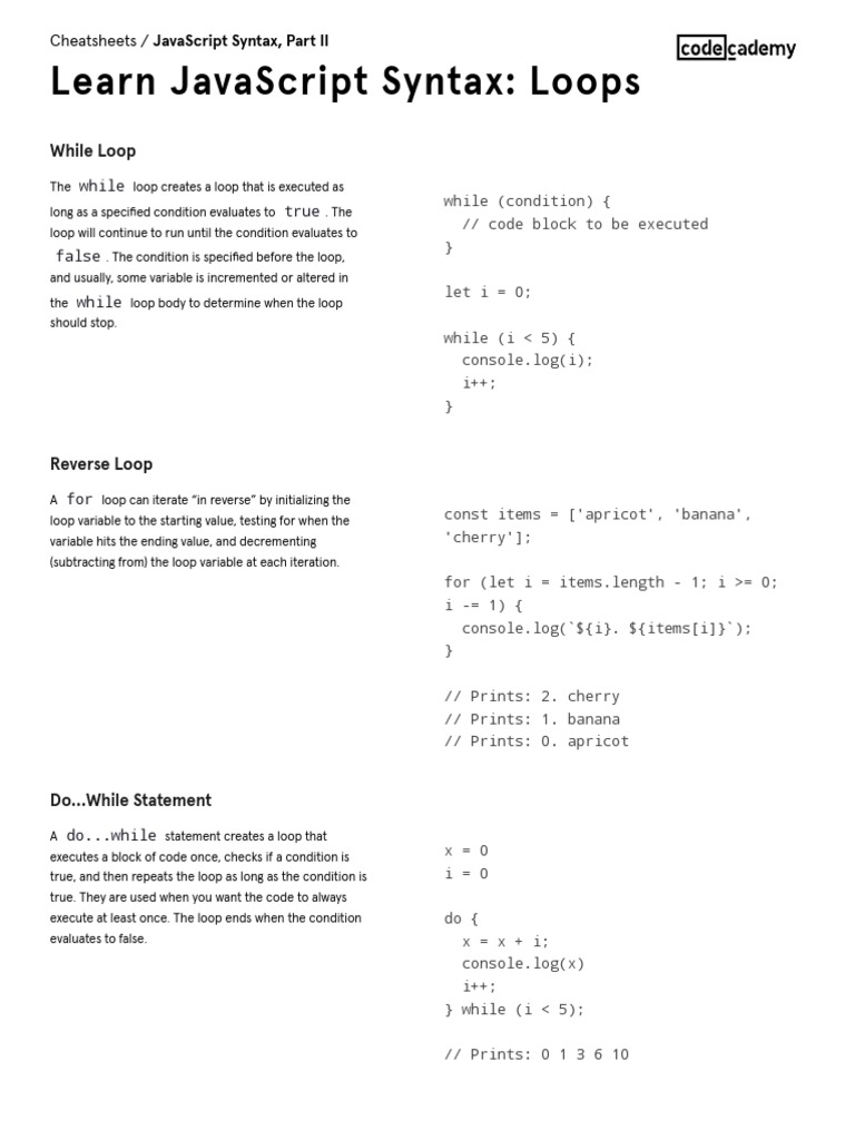 Javascript Syntax Part Ii Learn Javascript Syntax Loops Cheatsheet 6039