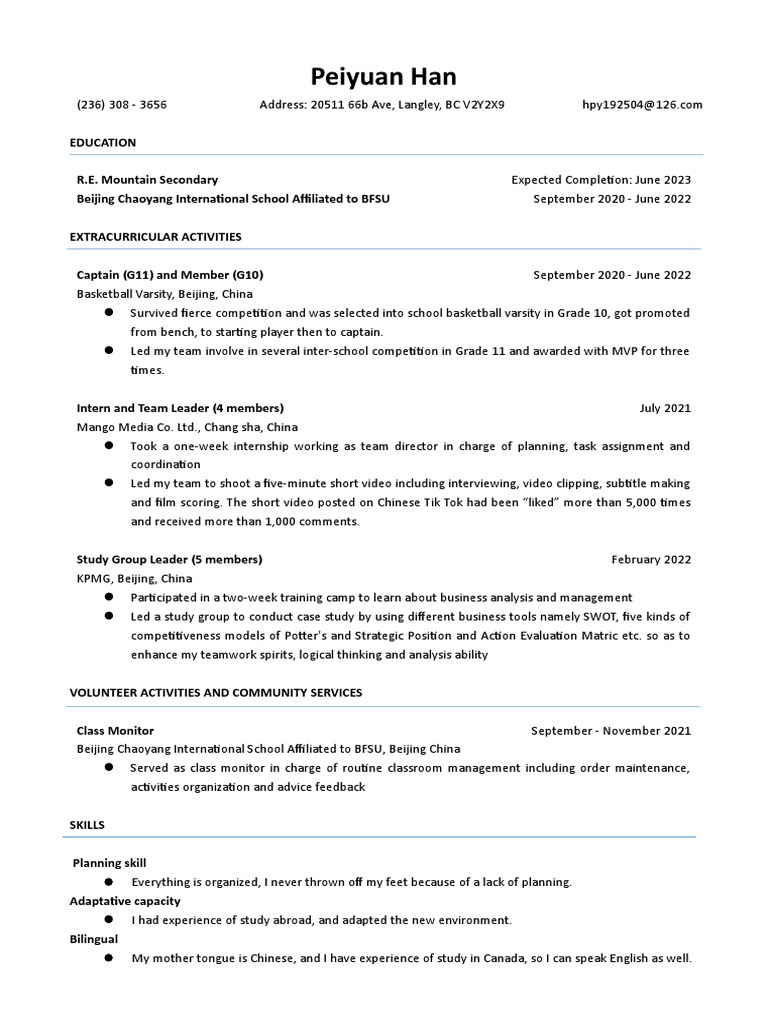 Ibh-Resume-Han Peiyuan | PDF | Learning | Cognition