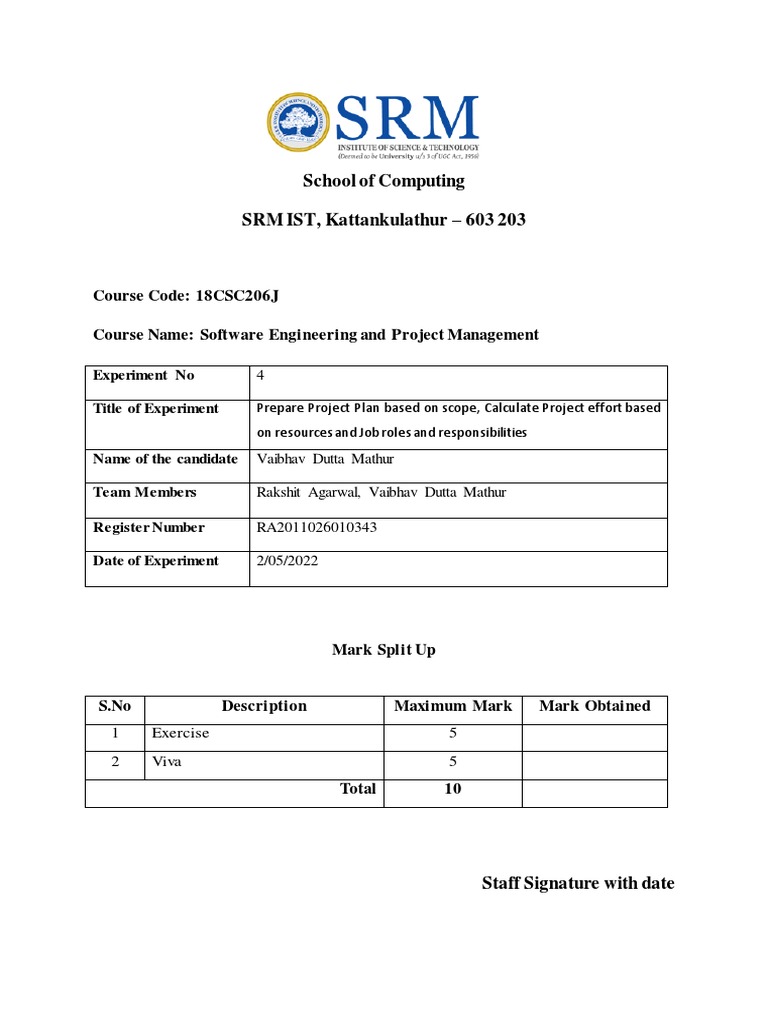 18CSC206J SEPM Ex 4 | PDF 18CSC206J SEPM Ex 4 | PDF