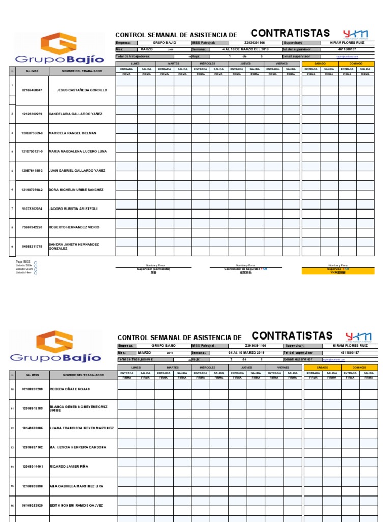 Contratistas: Control Semanal de Asistencia de | PDF