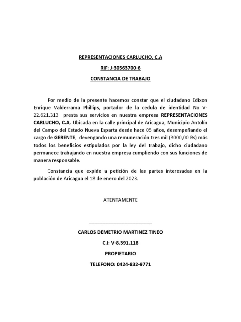 Carta de Trabajo de Edixon | PDF