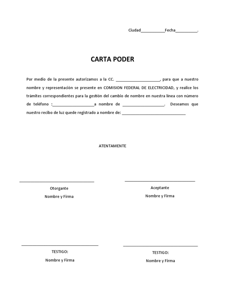 Carta Poder Cfe Descarga Ejemplos Gu A Completacarta De Tramite
