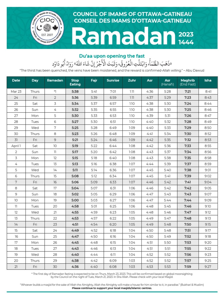 Ramadan Timetable Ottawa 2023 | PDF