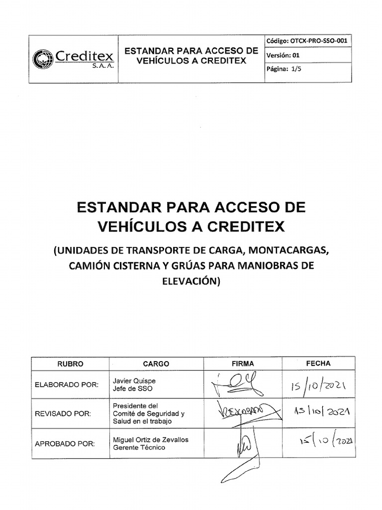 Otcx-Pro-Sso-012 Estandar para Accesos de Vehiculos Creditex | PDF