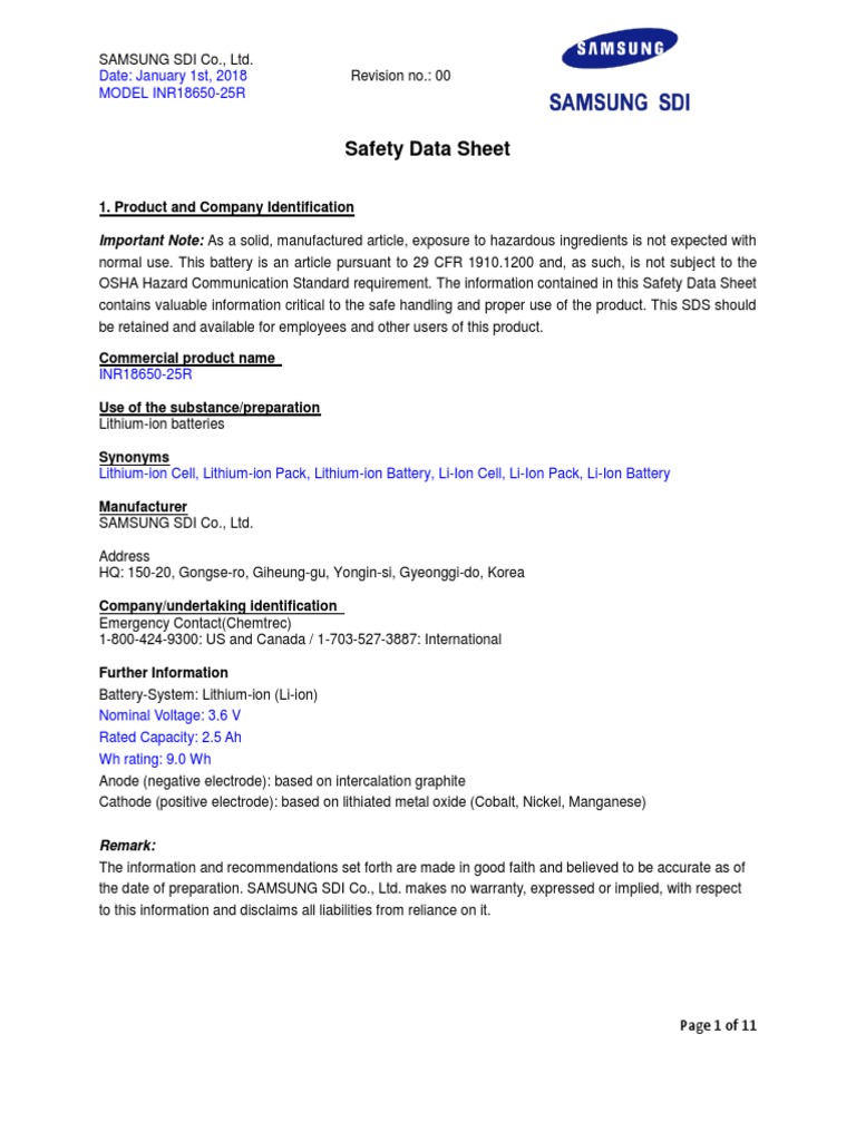 MSDS SDI SDS_Li-ion_battery_INR18650-25R_180101_ver.00 (2) | PDF | Lithium Ion Battery ...