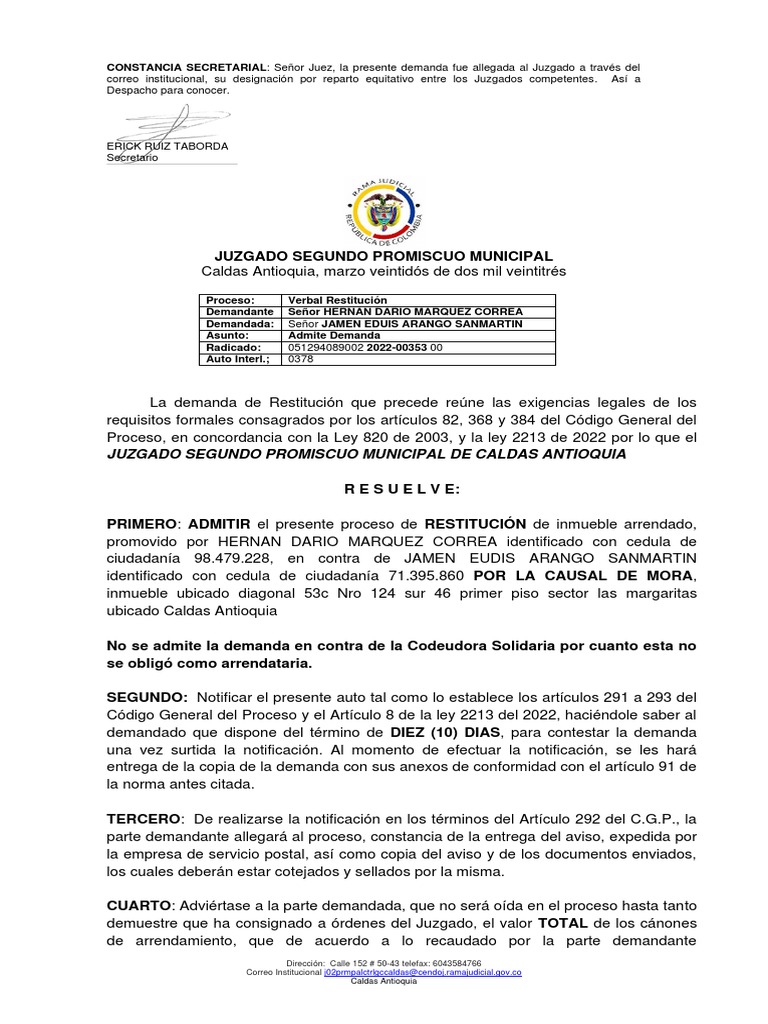 Juzgado Segundo Promiscuo Municipal de Caldas Antioquia | PDF