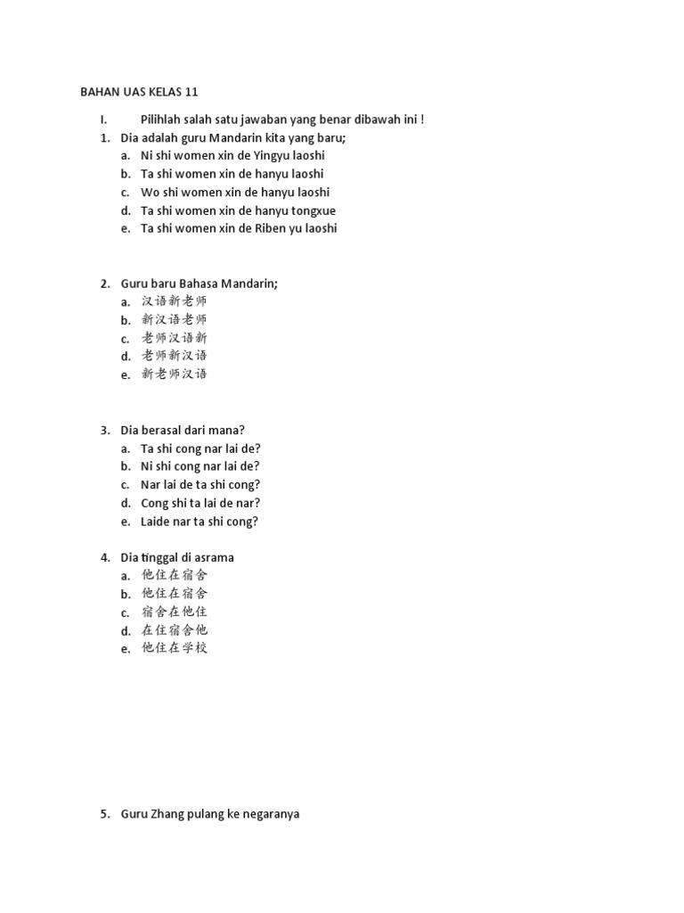Kisi Kisi Dan Latihan Soal Ujian Pas BHS Mandarin Kelas 11 | PDF