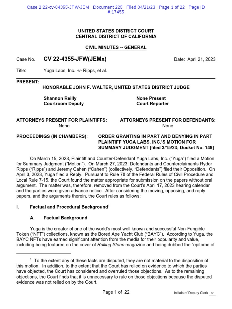 Yuga Labs vs. Ripps: Partial Summary Judgment | PDF | Summary Judgment ...