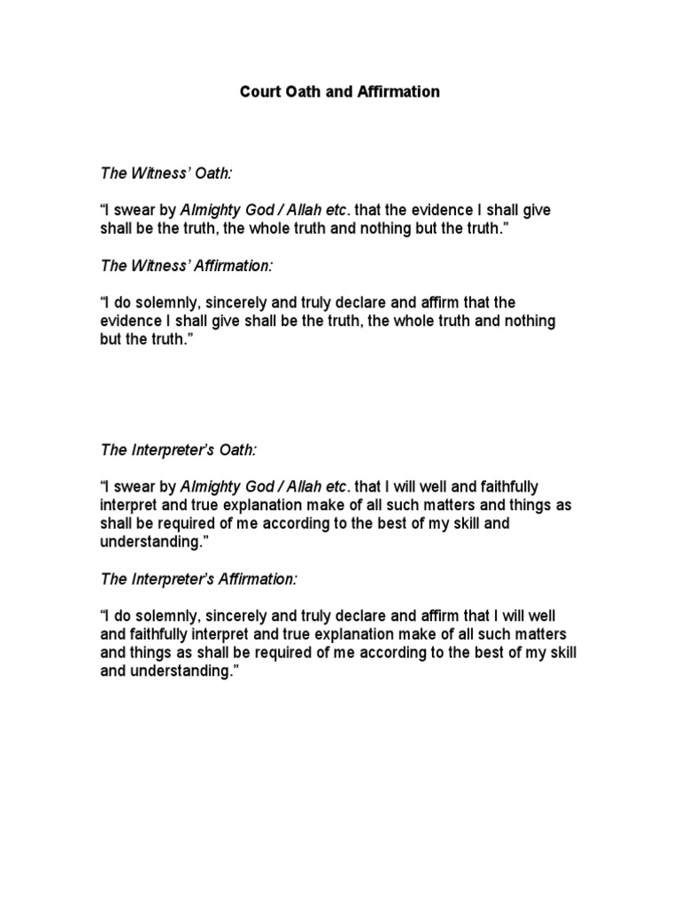 The Witness' Oath:: Court Oath and Affirmation | PDF