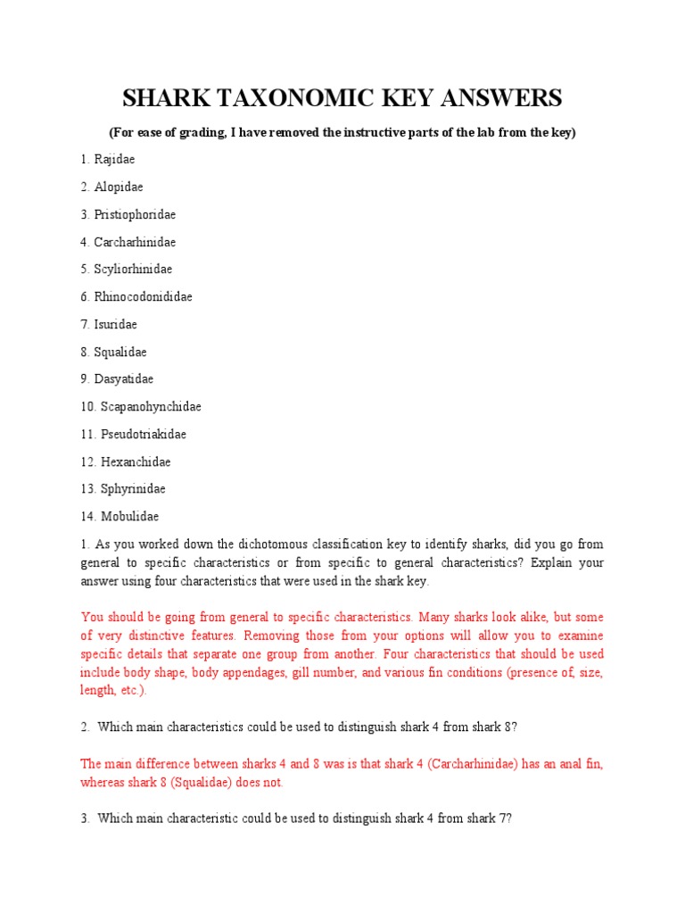 1 - Shark Key and Question Answers | Download Free PDF | Taxonomy ...