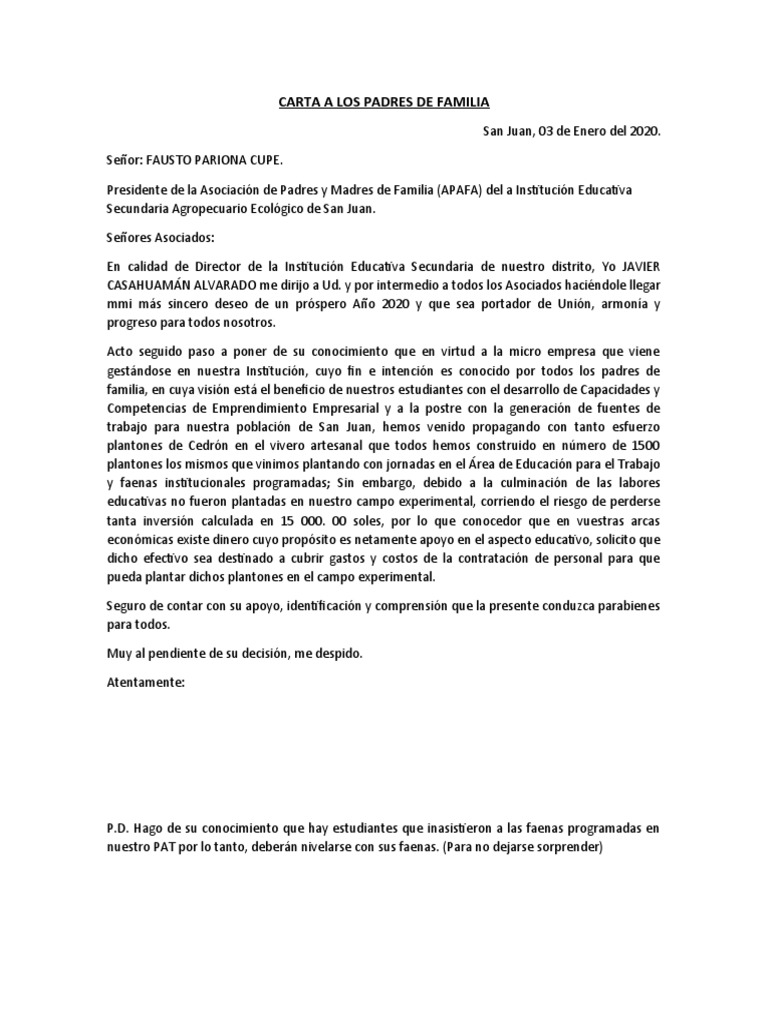 Carta A Los Padres de Familia | PDF