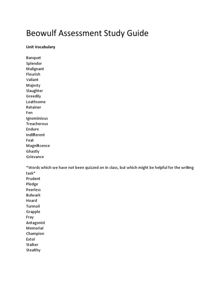 Beowulf Assessment Study Guide | PDF | Beowulf