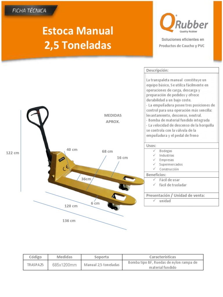 Transpaleta Manual de 2,5 Toneladas | PDF | Vehículos