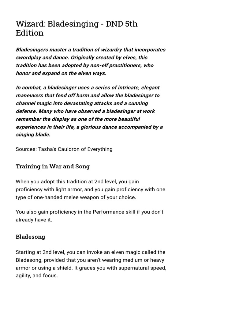 Wizard - Bladesinging - DND 5th Edition | PDF