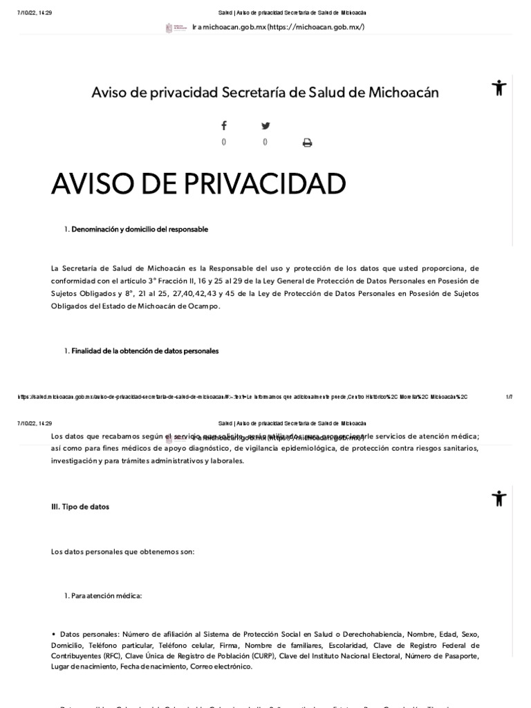 Salud Aviso de Privacidad Secretaría de Salud de Michoacán 2022 | PDF | Privacidad de la información