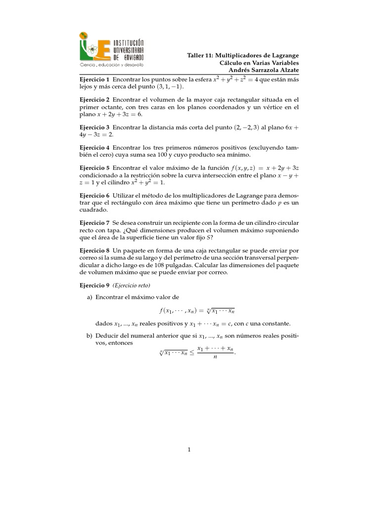 Taller: Multiplicadores de Lagrange | PDF