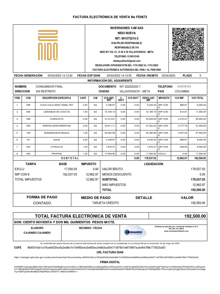 Total Factura Electrónica de Venta 192,500.00: Inversiones Yjm Sas Nido ...