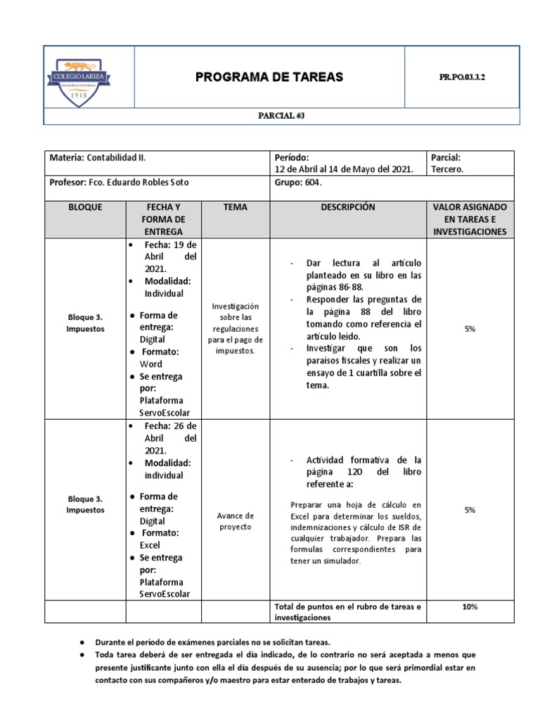 Programa de Tareas (Tercer Parcial Contabilidad II) | PDF