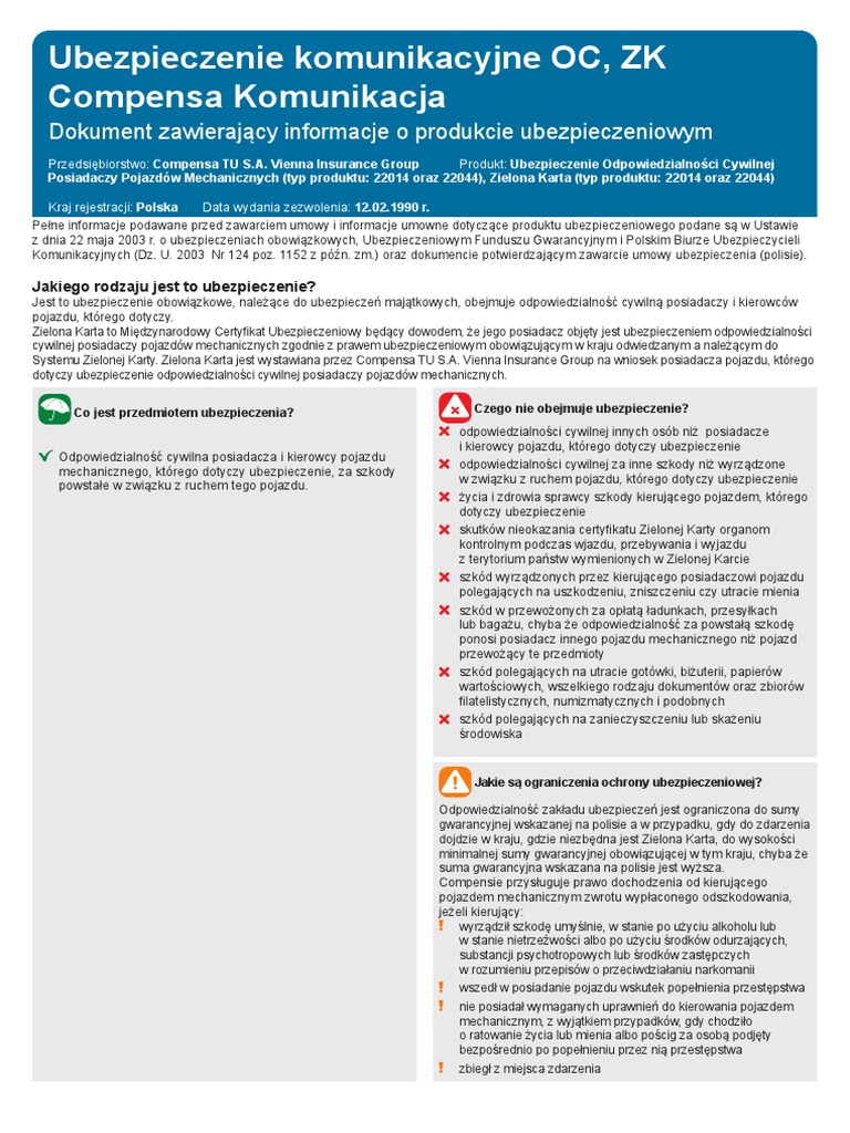 Ubezpieczenie Komunikacyjne OC, ZK Compensa Komunikacja: Dokument Zawierający Informacje o ...