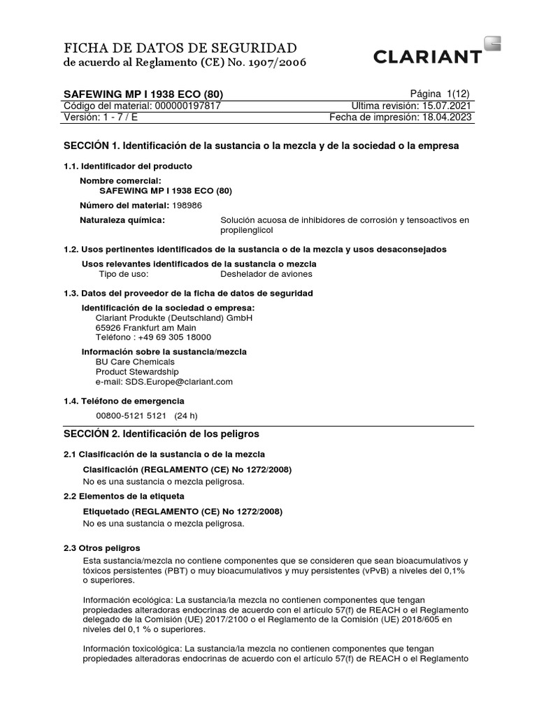 Ficha de Datos de Seguridad: de Acuerdo Al Reglamento (CE) No. 1907/2006 | PDF | Ciencia y ...