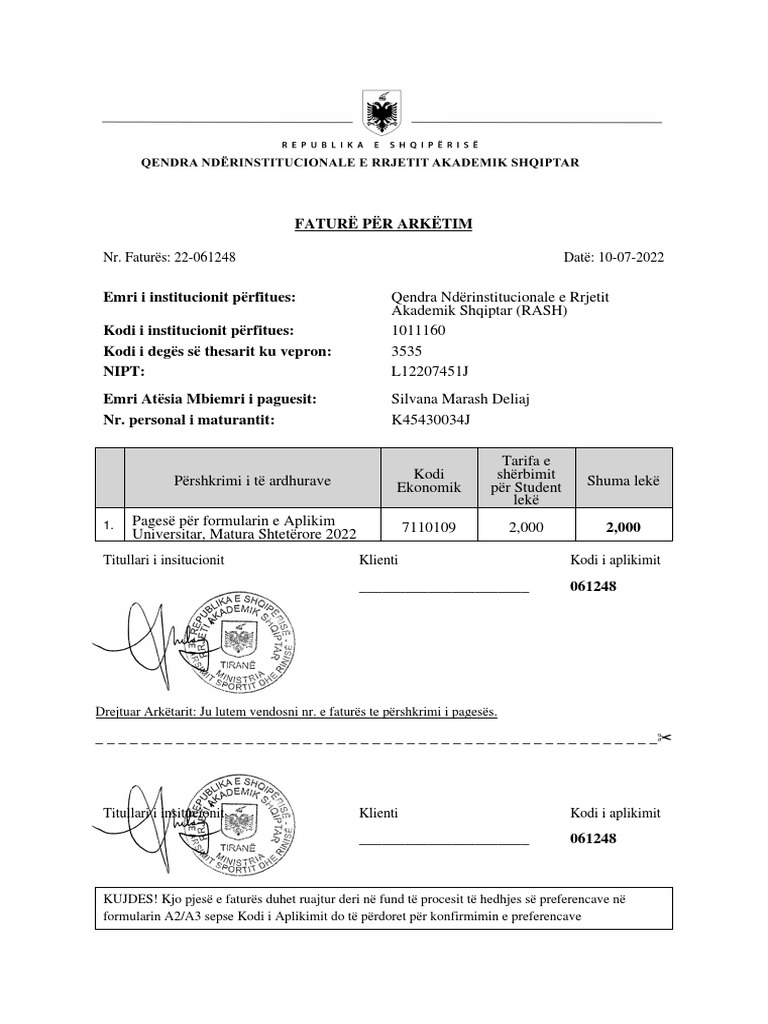 Faturë Për Arkëtim: Nr. Faturës: 22-061248 Datë: 10-07-2022 | PDF