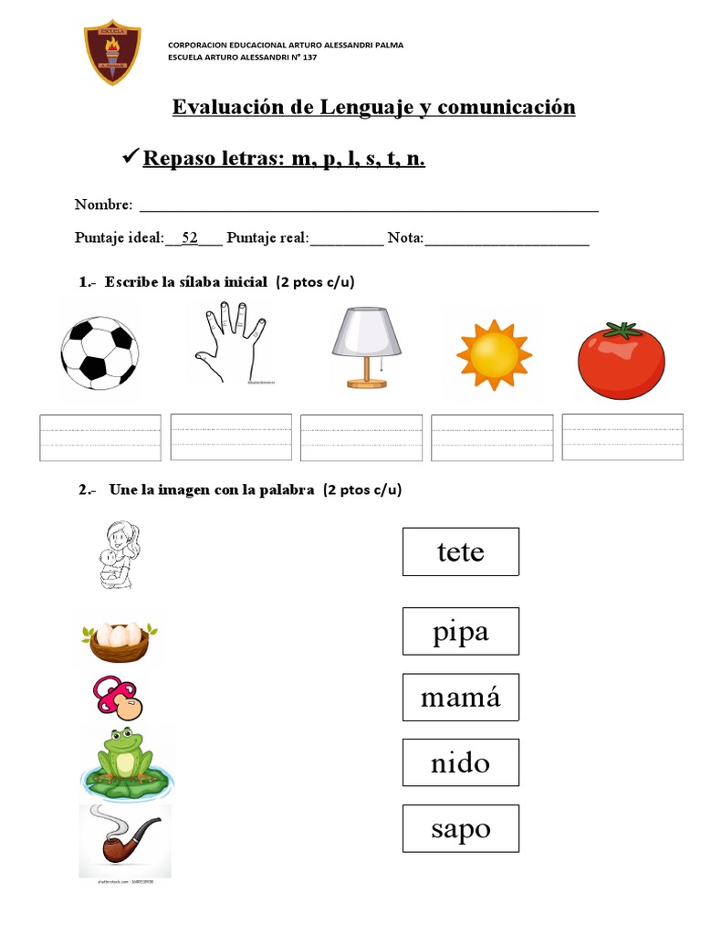 Evaluación de letras m, p, l, s, t, n | PDF