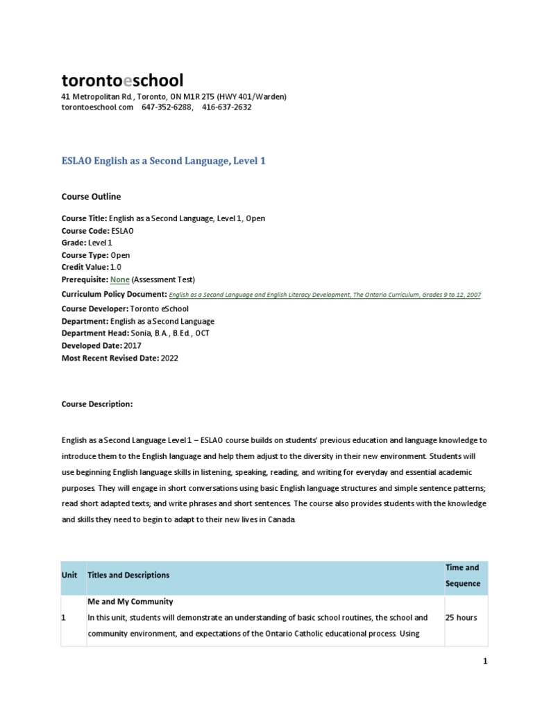 Toronto School: ESLAO English As A Second Language, Level 1 | PDF