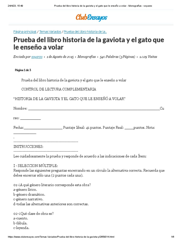 Prueba Del Libro Historia de La Gaviota y El Gato Que Le Enseño A Volar ...