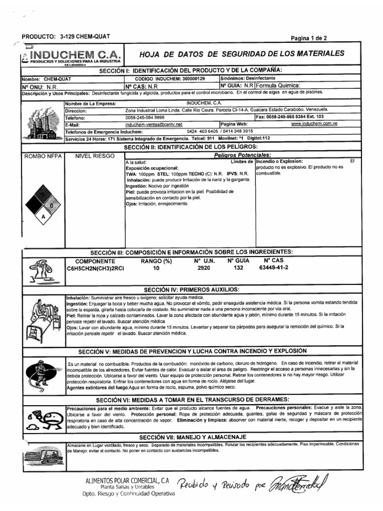 Hoja de Seguridad CHEM-QUAT | PDF