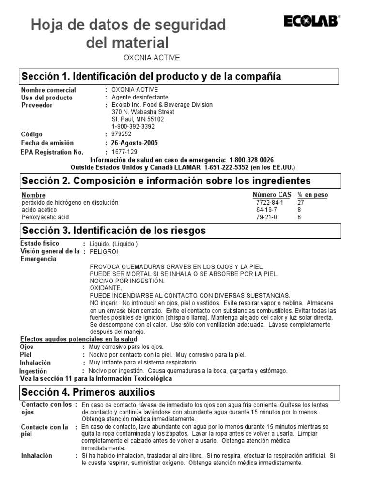 Hoja de Seguridad OXONIA ACTIVO | PDF | Agua | Química