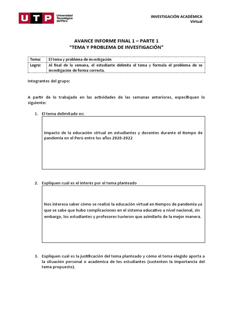Semana 03-Formato - Avance de Informe Final 1 - Parte 1 - Tema y Problema de Investigación | PDF