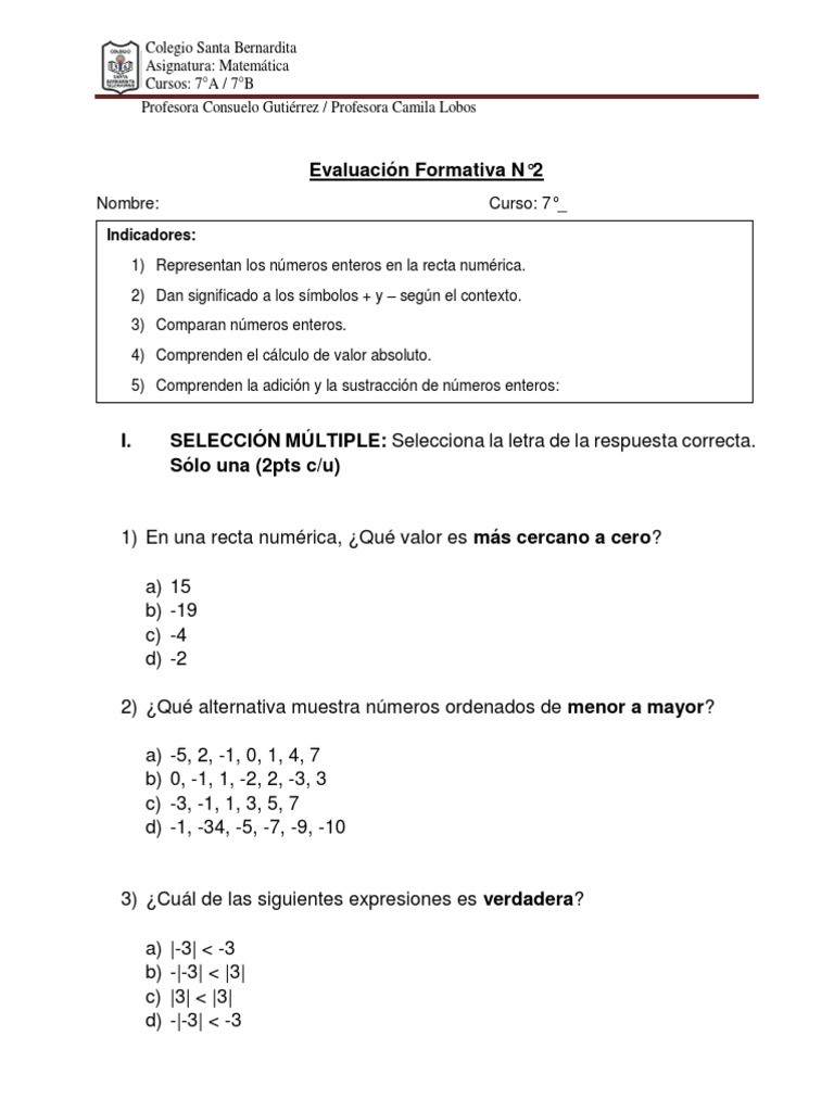 Evaluación Formativa #2 7a 7B Matemática | PDF | Entero | Números Evaluación Formativa #2 7a 7B Matemática | PDF | Entero | Números